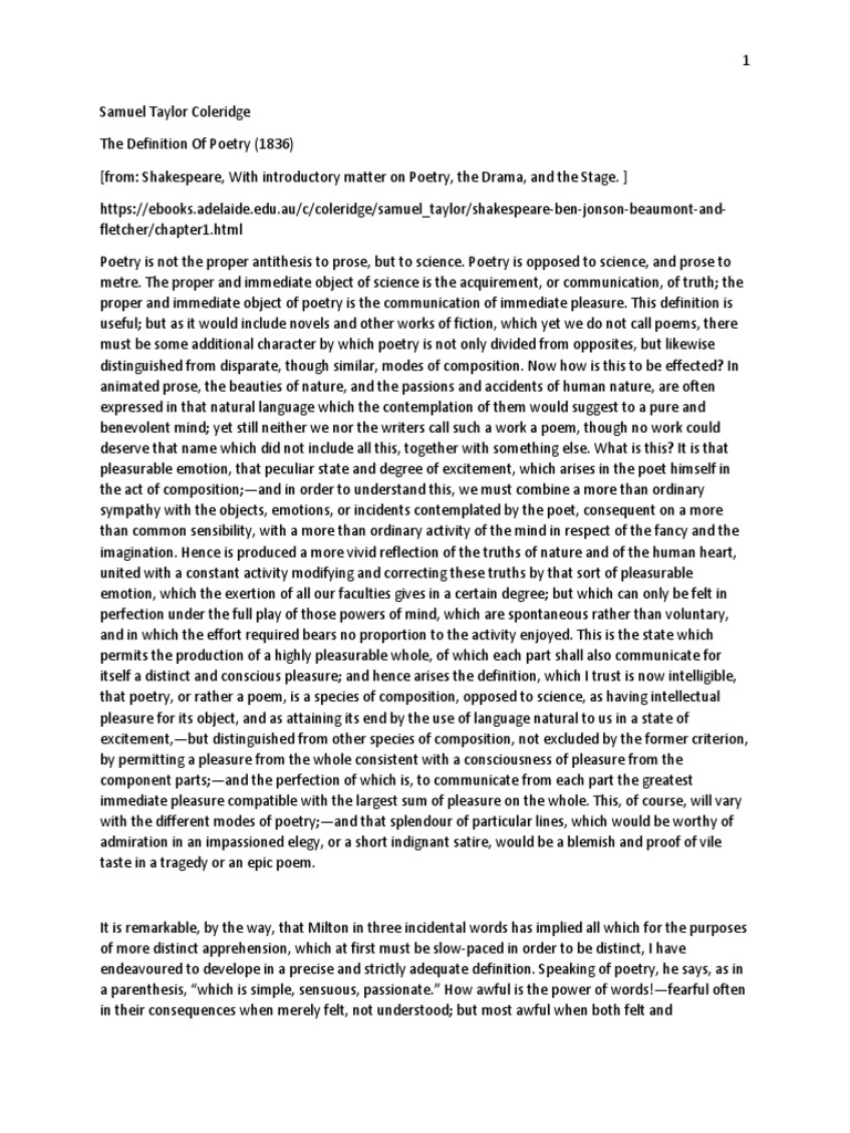 Samuel Taylor Coleridge Definition of Poetry | PDF | Samuel Taylor ...