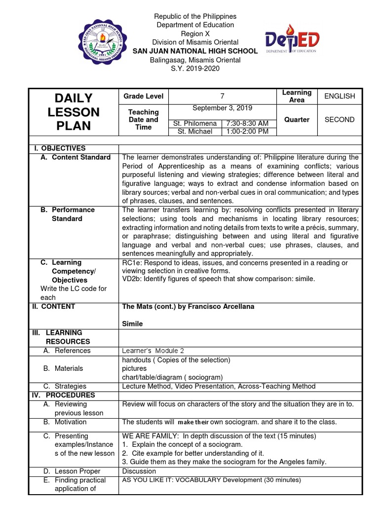 Daily Lesson Plan in Grade 7 | PDF | Lesson Plan | Learning