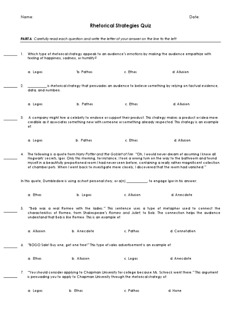 Rhetorical Strategies Quiz | PDF | Logos | Romeo And Juliet