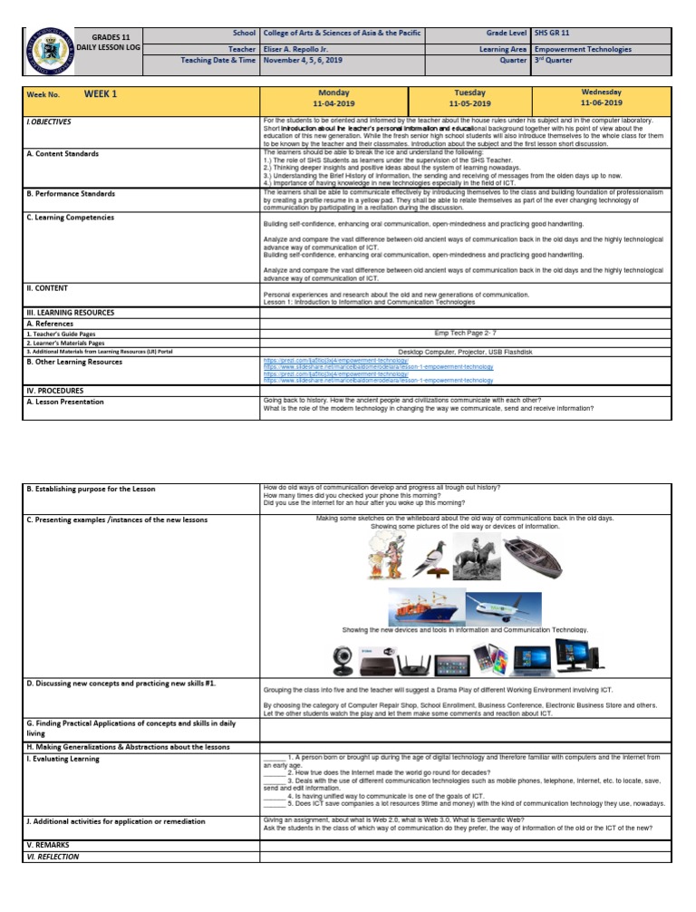 Week 1 Lesson Plan EMP TECH | PDF | Educational Technology | Information And Communications ...
