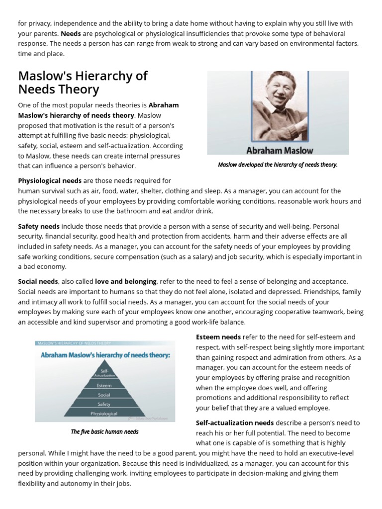 The Needs Theory: Motivating Employees With Maslow's Hierarchy of Needs ...