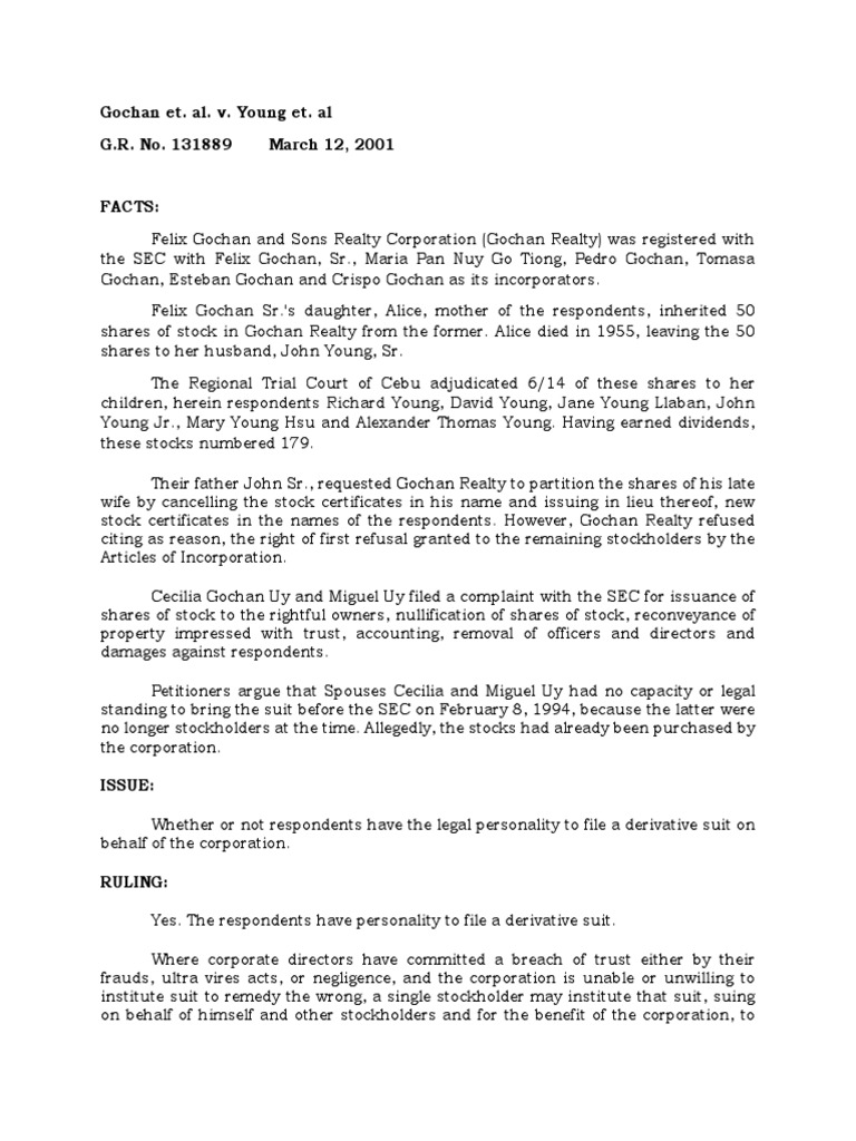Gochan Realty Derivative Suit Ruling | PDF | Corporations | Lawsuit
