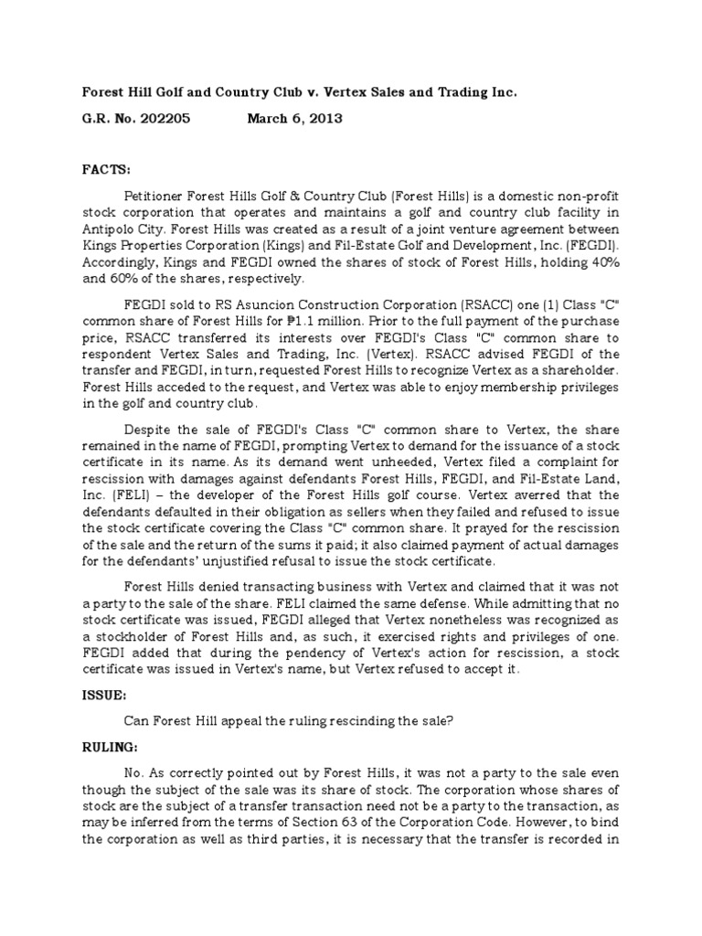 Forest Hills Golf Club vs. Vertex Trading | PDF | Stocks | Corporations