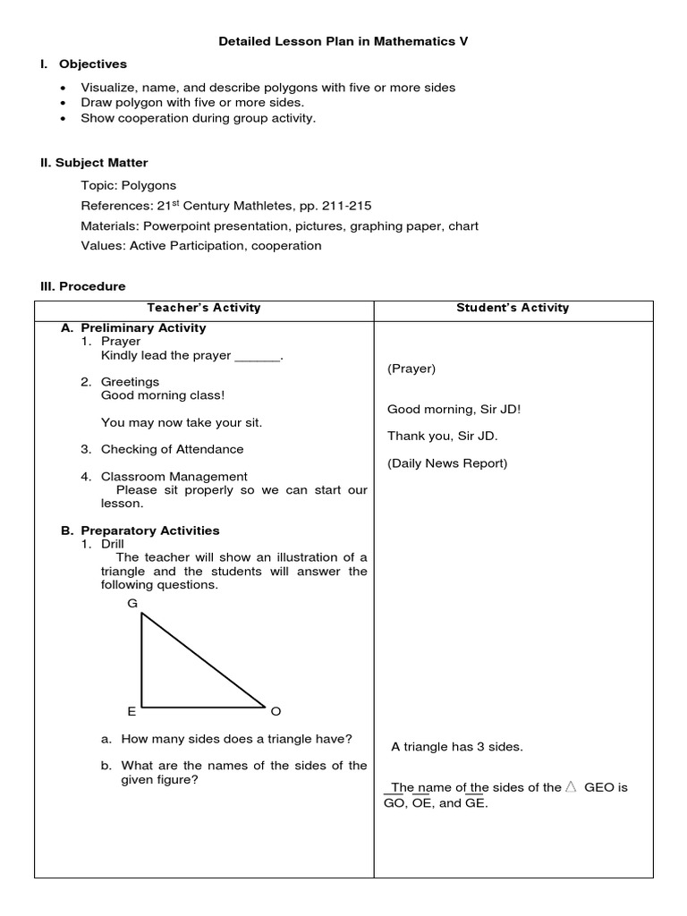 Detailed Lesson Plan in Mathematics V Polygon | PDF | Polygon | Vertex ...