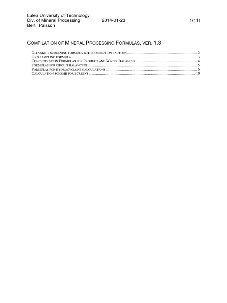 Compilation of Mineral Processing Formulas PDF | PDF | Density | Physical Quantities