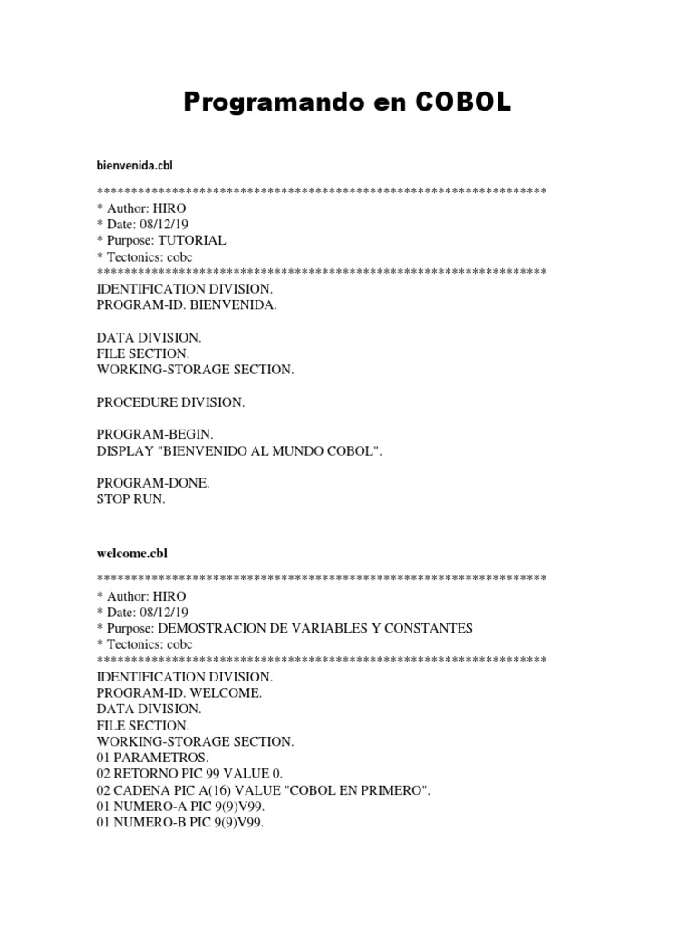 Códigos en COBOL PDF | PDF | Computer Programming | Areas Of Computer ... Códigos en COBOL PDF | PDF | Computer Programming | Areas Of Computer ...