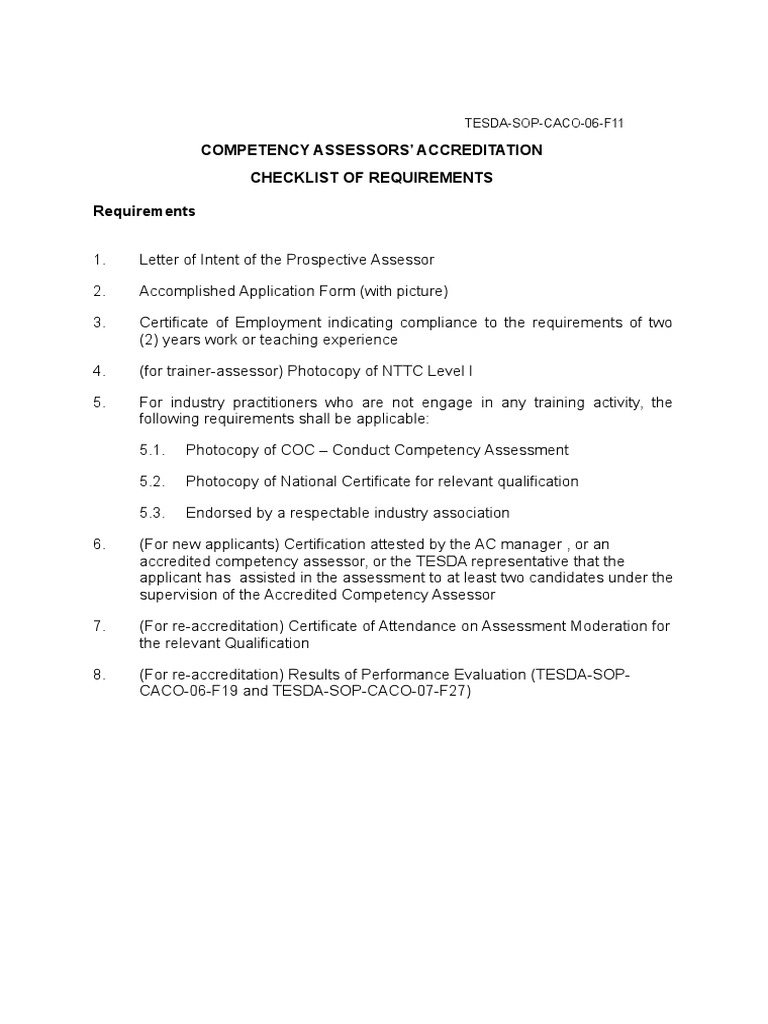 Requirements and Application Process for Competency Assessor ...