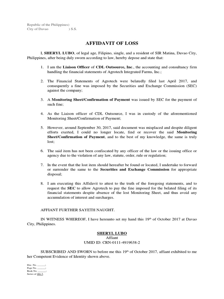 Affidavit of Loss - SEC | Download Free PDF | Affidavit | U.S ...