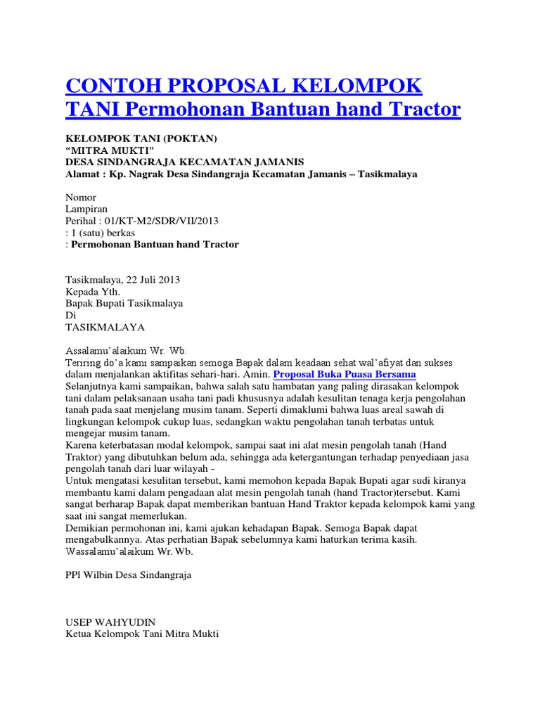CONTOH PROPOSAL KELOMPOK TANI Permohonan Bantuan Hand Tractor ...