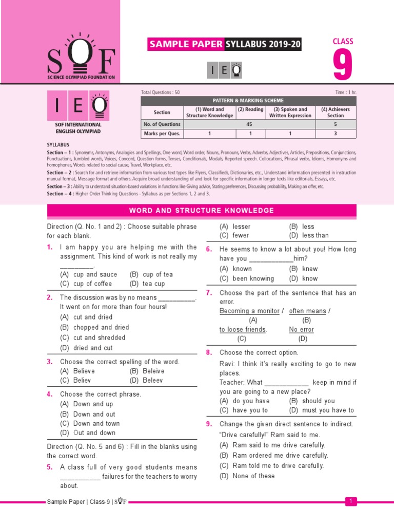Class 9 IEO Sample Paper 2019-20 | PDF | Verb | English Language