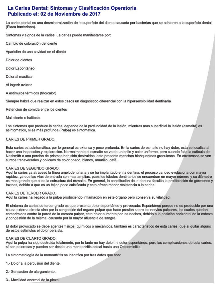 Etapas y Grados de Caries PDF | Descargar gratis PDF | Diente | Odontología