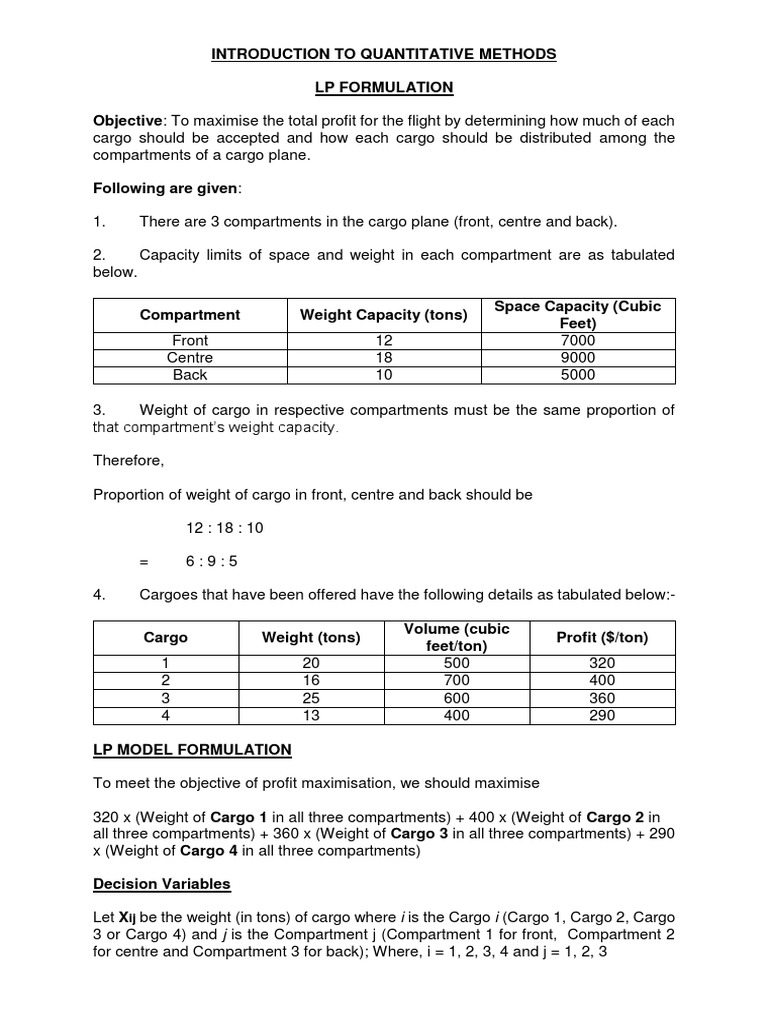 LP Formulation - Cargo Plane Cost Maximisation Problem | PDF | Ton | Weight
