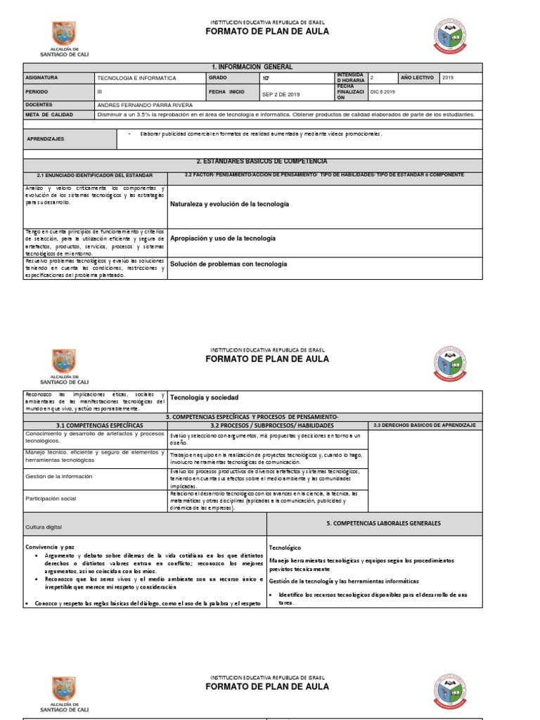 Formato de Plan de Aula Grado Decimo Iii P2019 | PDF | Salón de clases ...