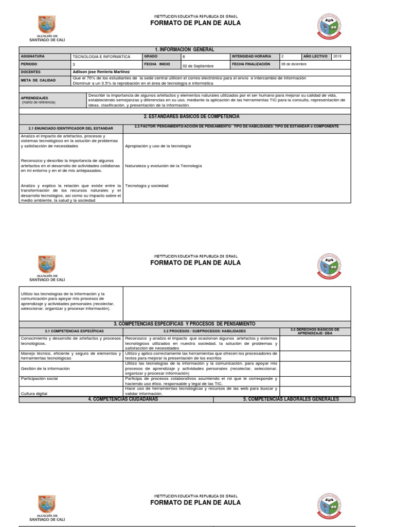 Formato de Plan de Aula Grado Sexto Iii P2019 | PDF | Tecnología de ...