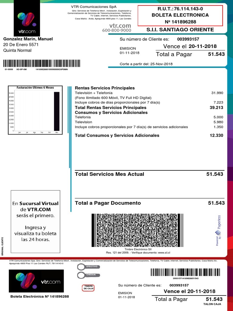 Boleta Electrónica VTR: Servicios Telecomunicaciones | PDF | Telefonía ...