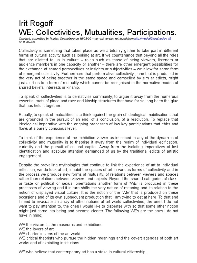 Irit Rogoff - WE: Collectivities Mutualities Participations. | PDF ...