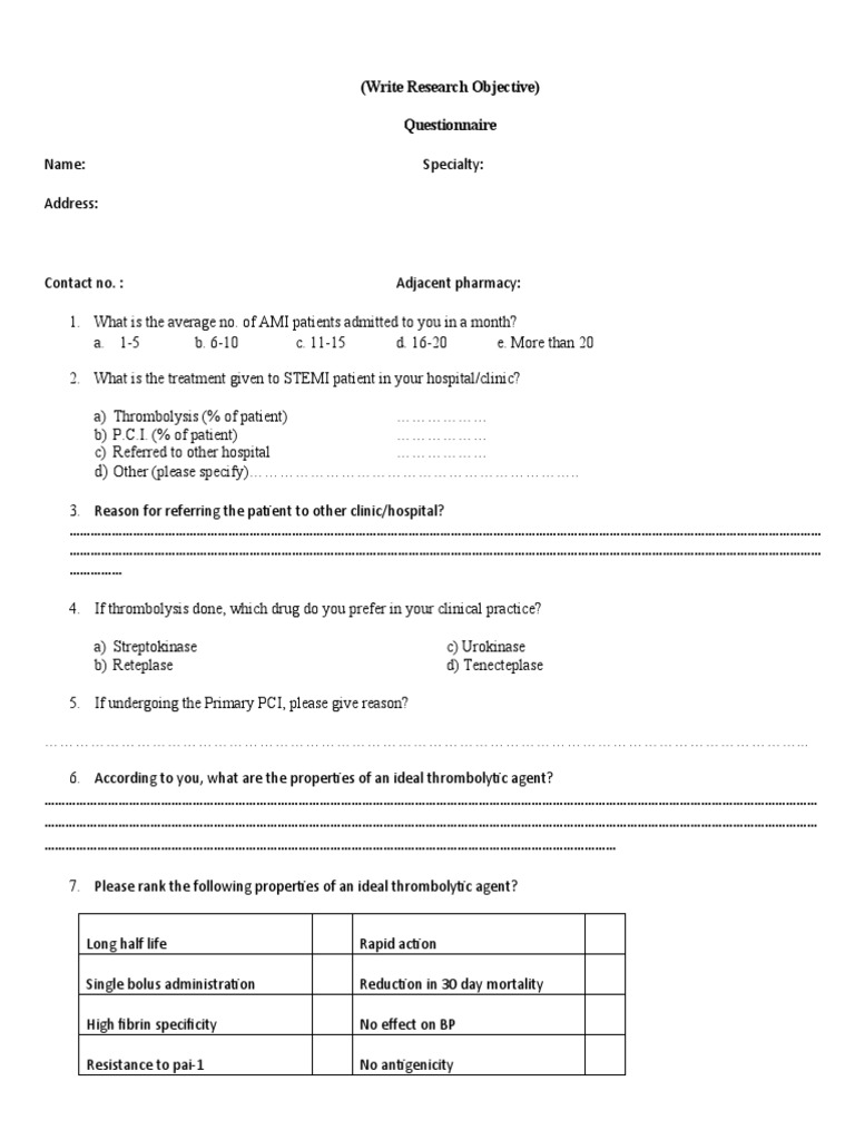 Questionnaire on STEMI Treatment Practices | PDF | Percutaneous ...