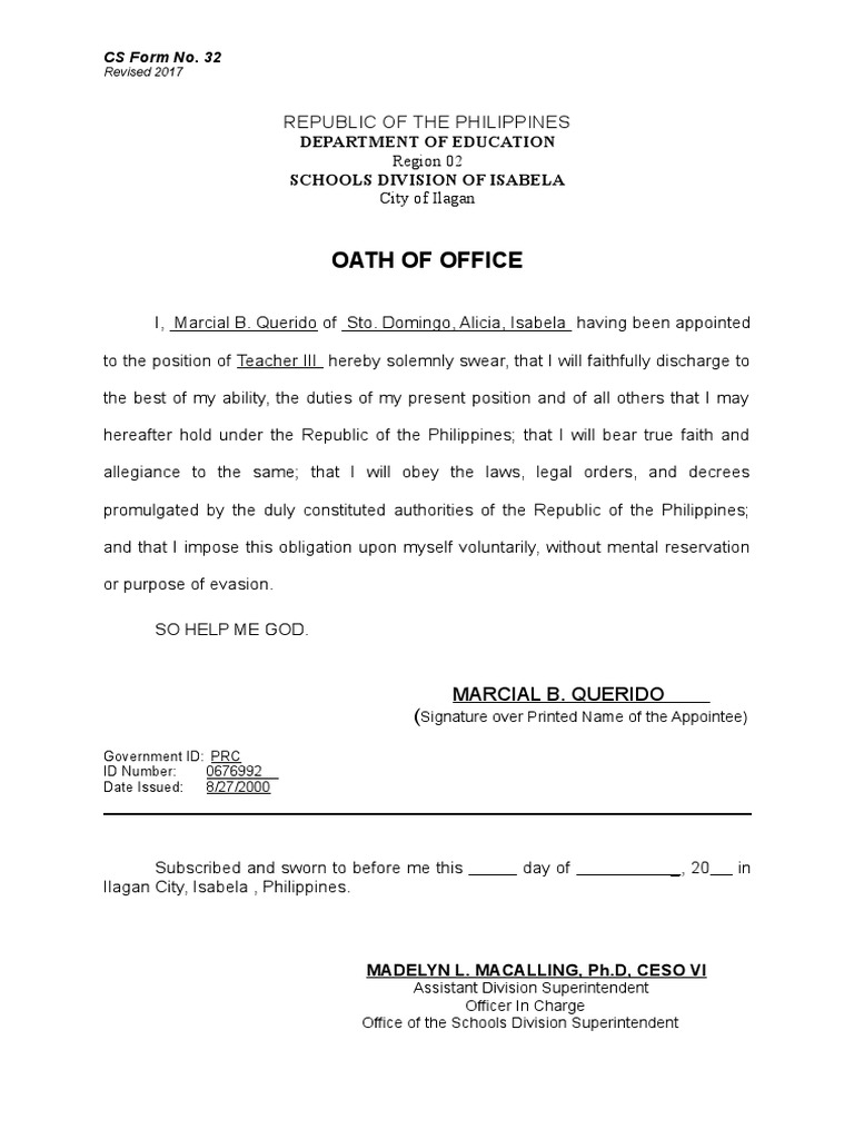 CS Form No. 32 Oath of Office, SIR rANDY | PDF | Oath Of Office | State ...