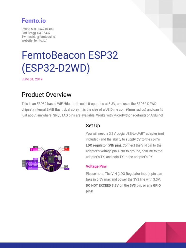 FemtoBeacon ESP32 D2WD 20190807 Brochure PDF | PDF | Arduino | Flash Memory