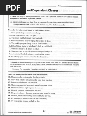 Dependent Clauses Worksheet