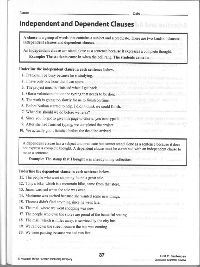 Subordinate Clause Worksheet