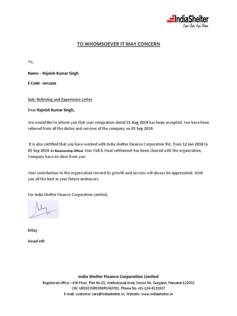 Experience Letter for Rajnish Kumar Singh | PDF