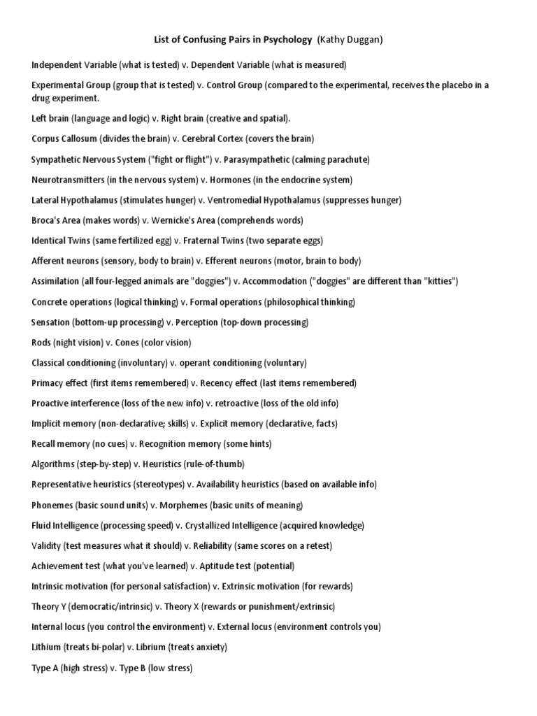 List of Confusing Pairs in Psychology | PDF