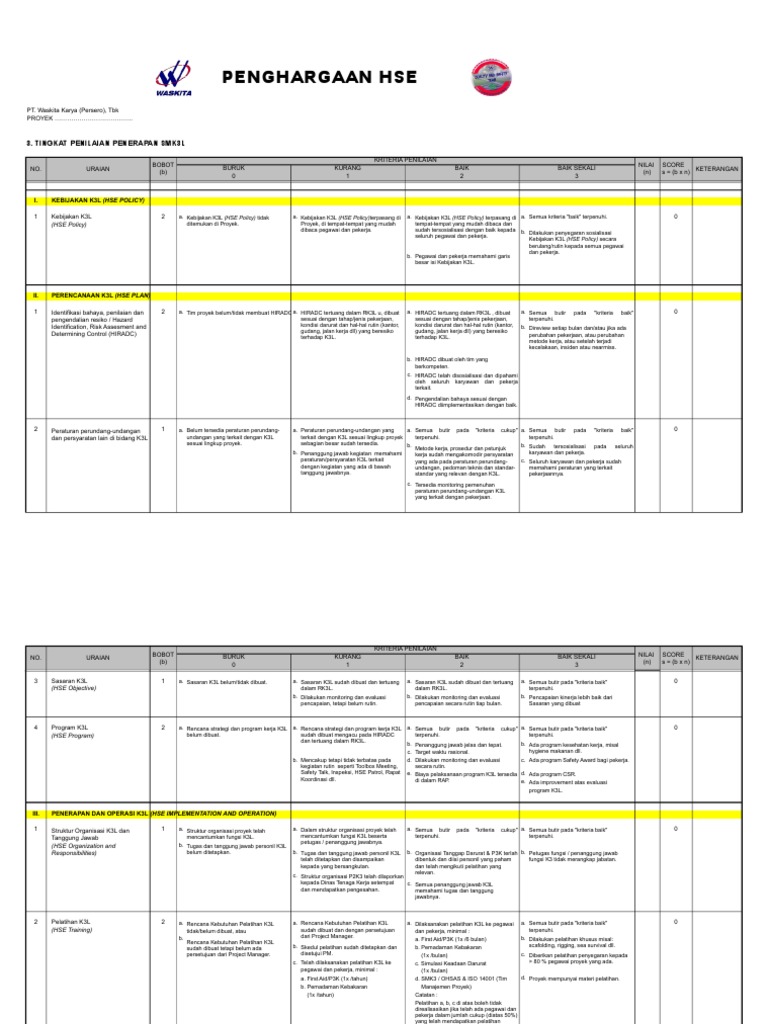 Checklist 3 - Penilaian Penerapan SMK3L Rev | PDF