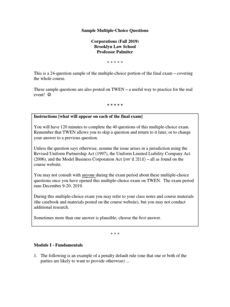 Sample MC Exam 2019 | PDF | Board Of Directors | Partnership
