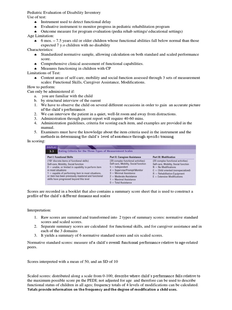 Pediatric Evaluation of Disability Inventory SUMMARY | PDF | Caregiver ...