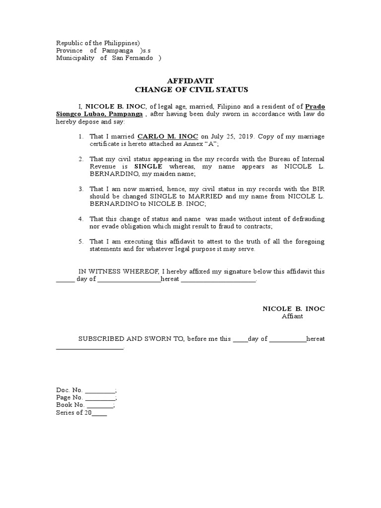 Affidavit of Change Status | PDF | Law