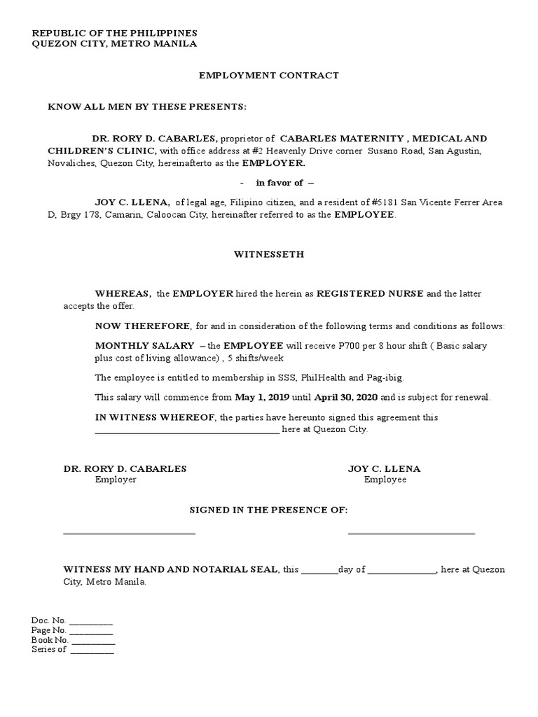 Employment Contract - NURSES and MEDTECH | PDF | Metro Manila | Philippines