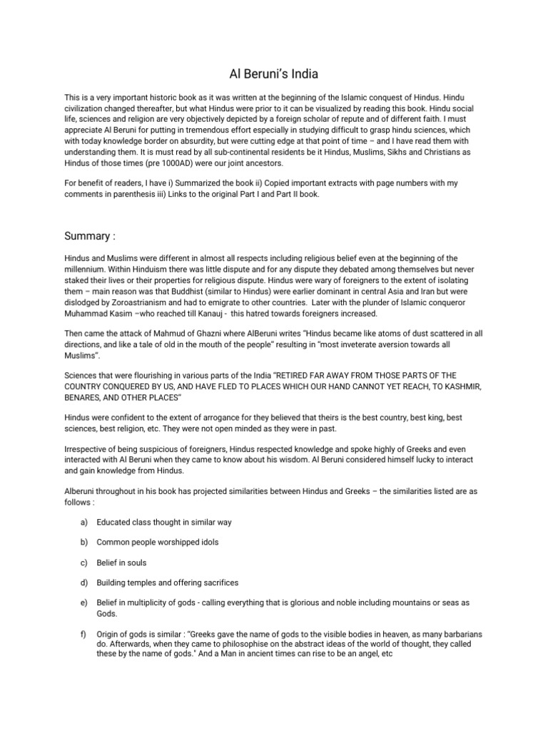 Al Beruni's India: A Historic Account of Hindu Culture and Civilization in Pre-Islamic Northern ...