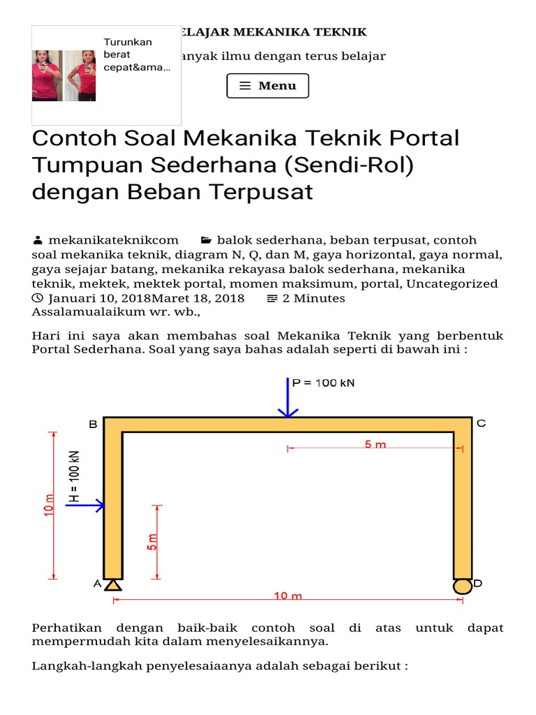 Contoh Soal Mekanika Teknik Portal Tumpuan Sederhana (Sendi-Rol) Dengan ...