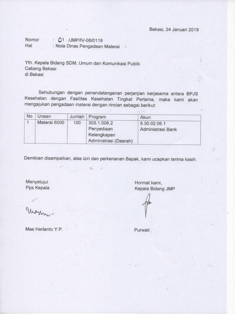 Contoh Nota Dinas Pengadaan Materai | PDF