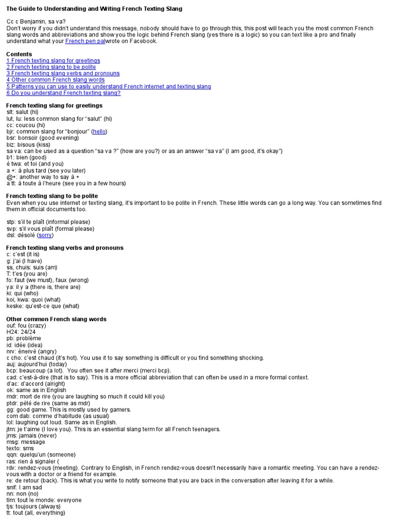 The Guide To Understanding and Writing French Texting Slang | PDF ...