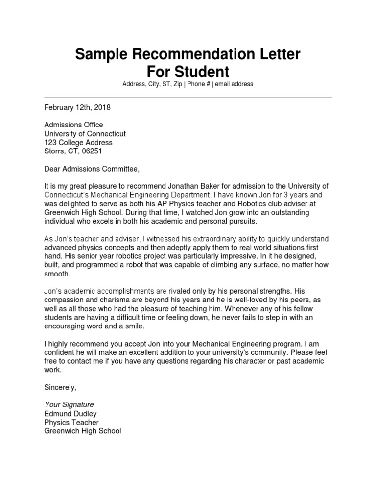 Letter of Recommendation Sample For Student | PDF