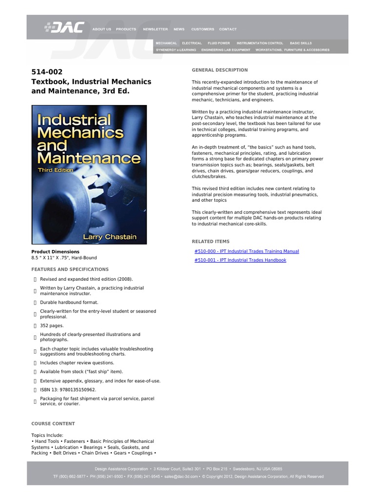#514-002 - Textbook, Industrial Mechanics and Maintenance, 3rd Ed ...