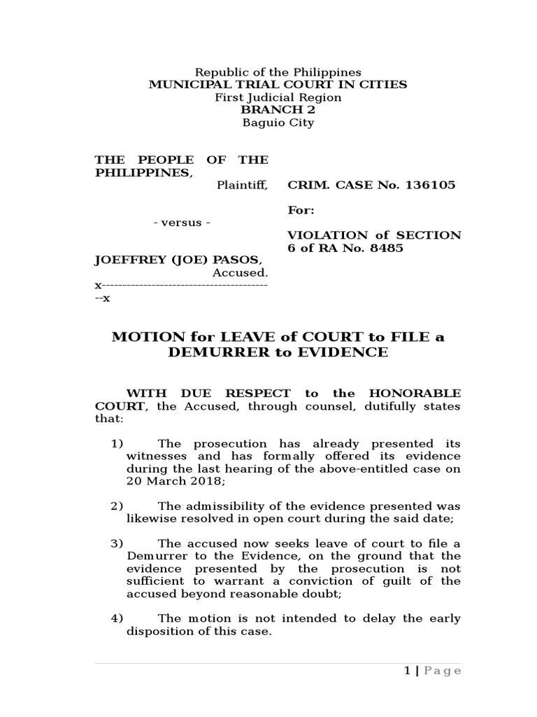 Motion Demurrer (Pasos) | PDF | Demurrer | Prosecutor