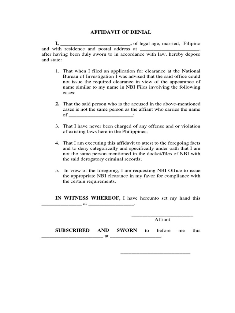 AFFIDAVIT OF DENIAL - Sample | PDF