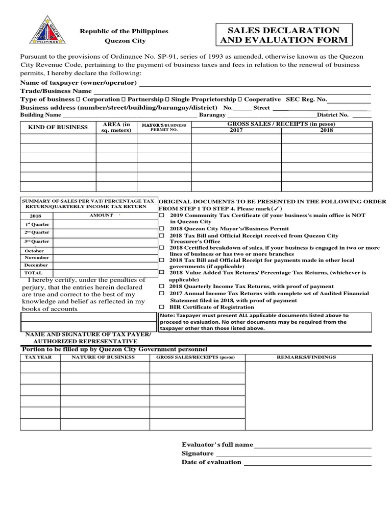 Sales Declaration and Evaluation Form | Tax Return (United States) | Taxes