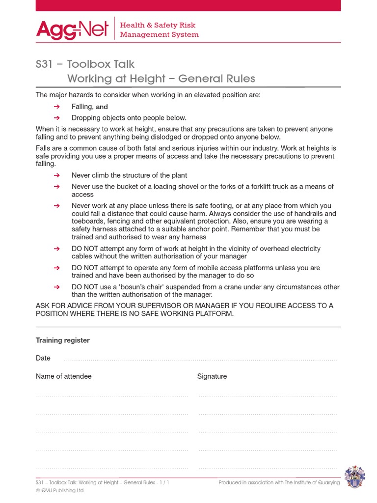 Toolbox Talk - Working at Height General Rules | PDF | Prevention | Safety