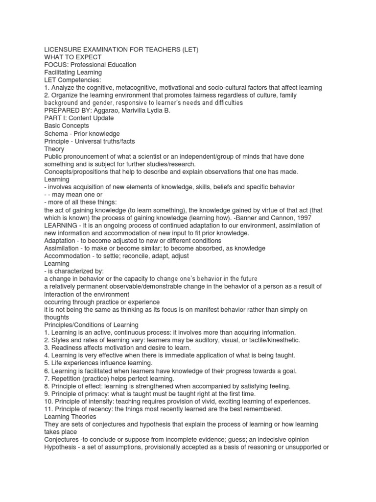 Licensure Examination For Teachers | PDF | Learning | Memory