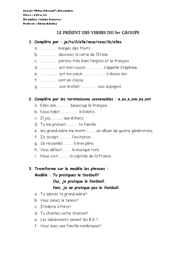 Exercices de français : le présent des verbes | PDF