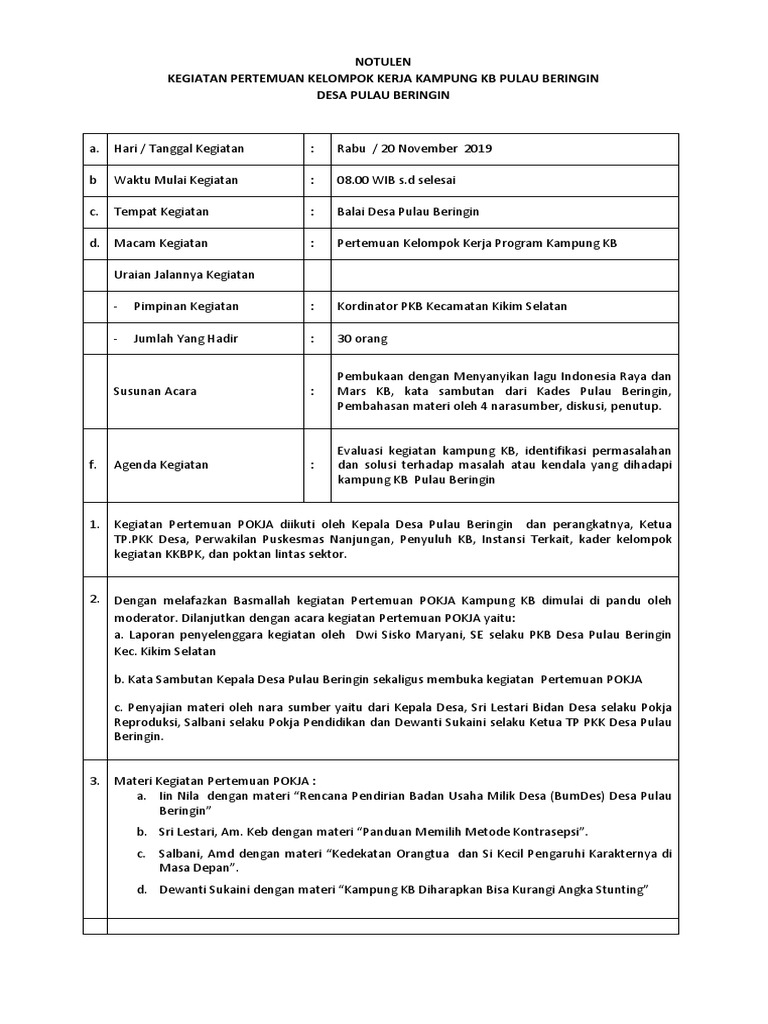 Notulen Pertemuan Pokja Kampung KB | PDF