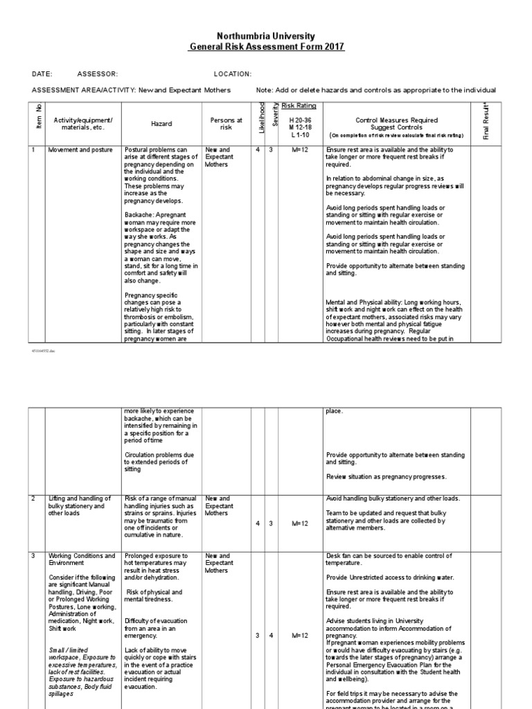 Generic Risk Assessment New and Expectant Mothers | PDF | Pregnancy ... Generic Risk Assessment New and Expectant Mothers | PDF | Pregnancy ...