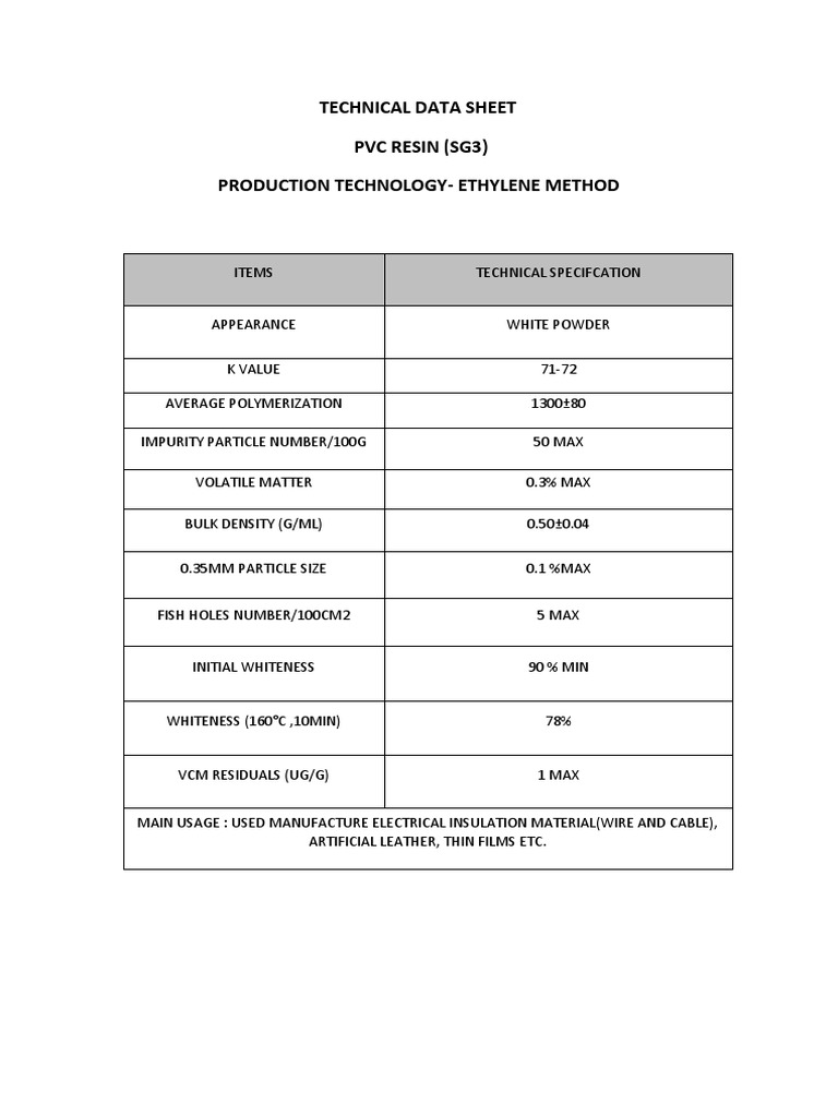 Tds of PVC Resin Sg3 | PDF