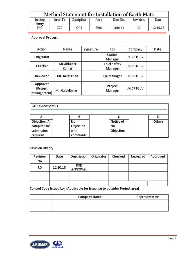 Earth Mat Installation Method Statement | PDF | Welding | Construction