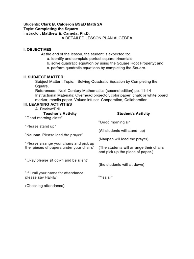A Detailed Lesson Plan Algebra | PDF | Quadratic Equation | Factorization