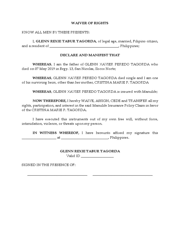 Waiver of Rights - Manulife | PDF | Politics | Social Science